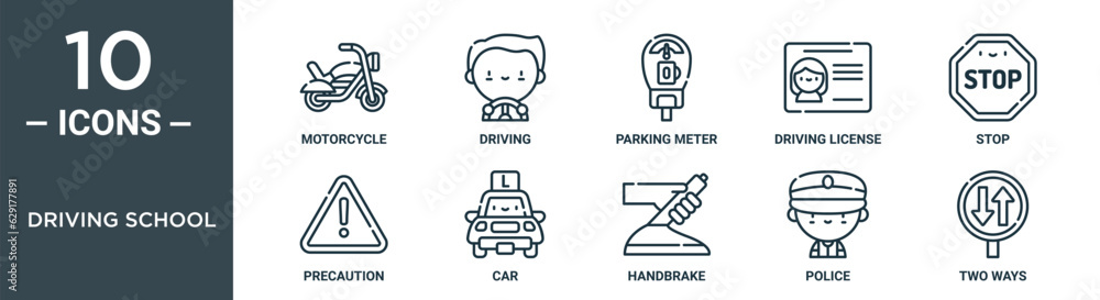 driving school outline icon set includes thin line motorcycle, driving ...