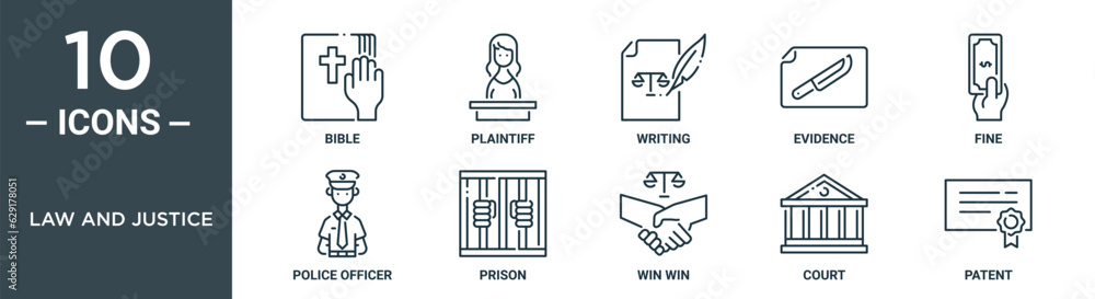 law and justice outline icon set includes thin line bible, plaintiff ...