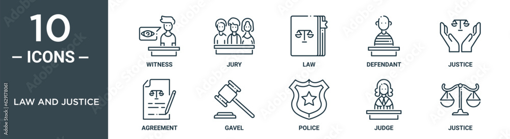 law and justice outline icon set includes thin line witness, jury, law ...