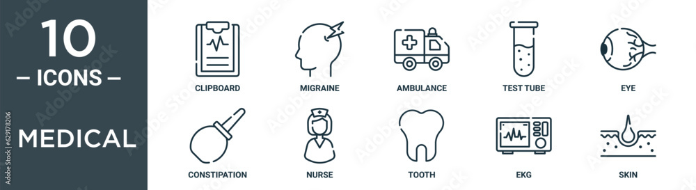 medical outline icon set includes thin line clipboard, migraine ...