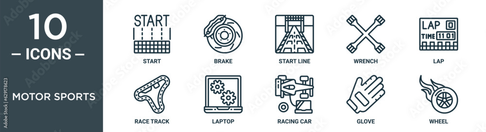 motor sports outline icon set includes thin line start, brake, start ...