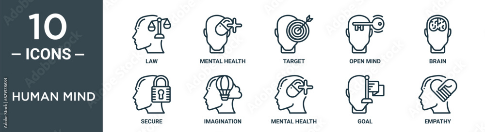 human mind outline icon set includes thin line law, mental health ...