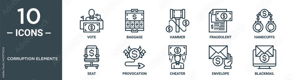 corruption elements outline icon set includes thin line vote, baggage ...