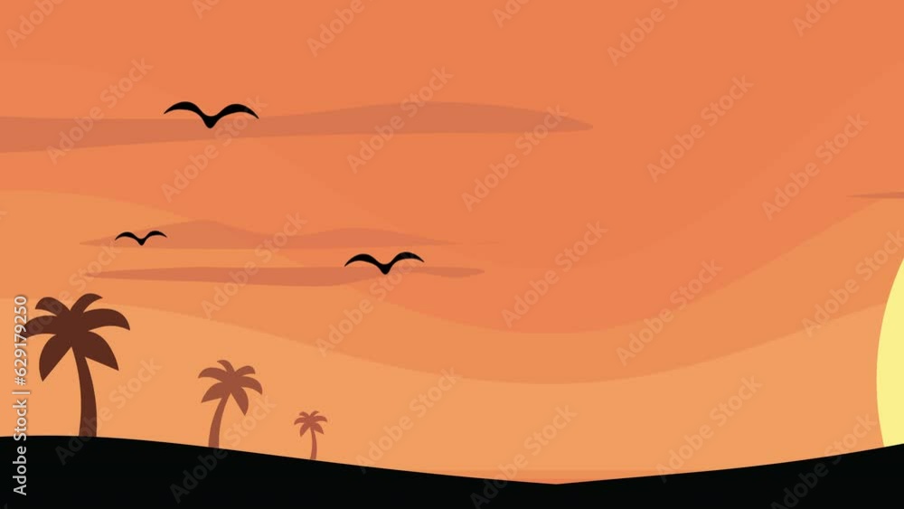 4K Animated Flat Style Sunset Beach. Vector illustration. Sunset, sea ...