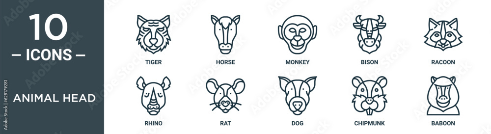 animal head outline icon set includes thin line tiger, horse, monkey ...