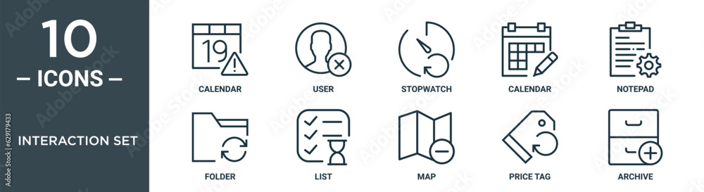 interaction set outline icon set includes thin line calendar, user, stopwatch, calendar, notepad ...