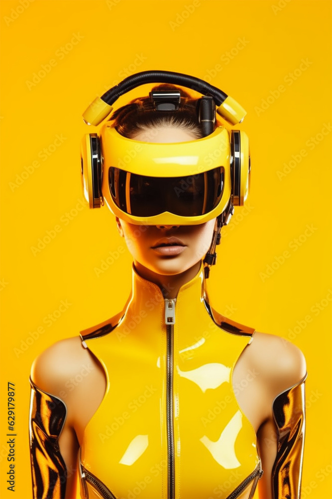 A beautiful athletic girl with a VR headset and a yellow latex suit ...