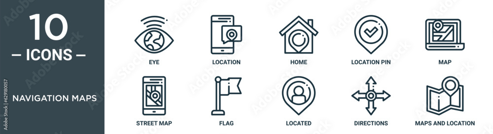 navigation maps outline icon set includes thin line eye, location, home ...