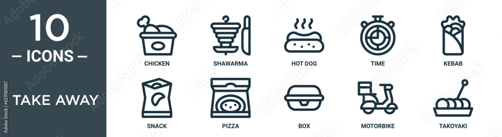 take away outline icon set includes thin line chicken, shawarma, hot ...