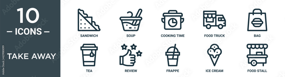 take away outline icon set includes thin line sandwich, soup, cooking ...
