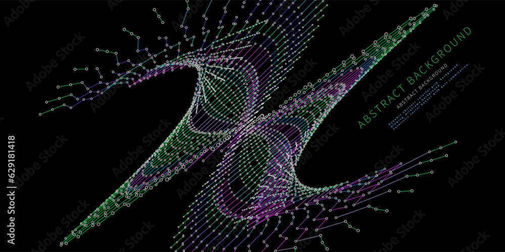 Abstract background twisting wireframe grid from color lines on black ...
