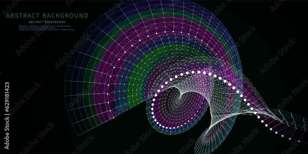 Abstract background twisting wireframe grid from color faces and dots ...