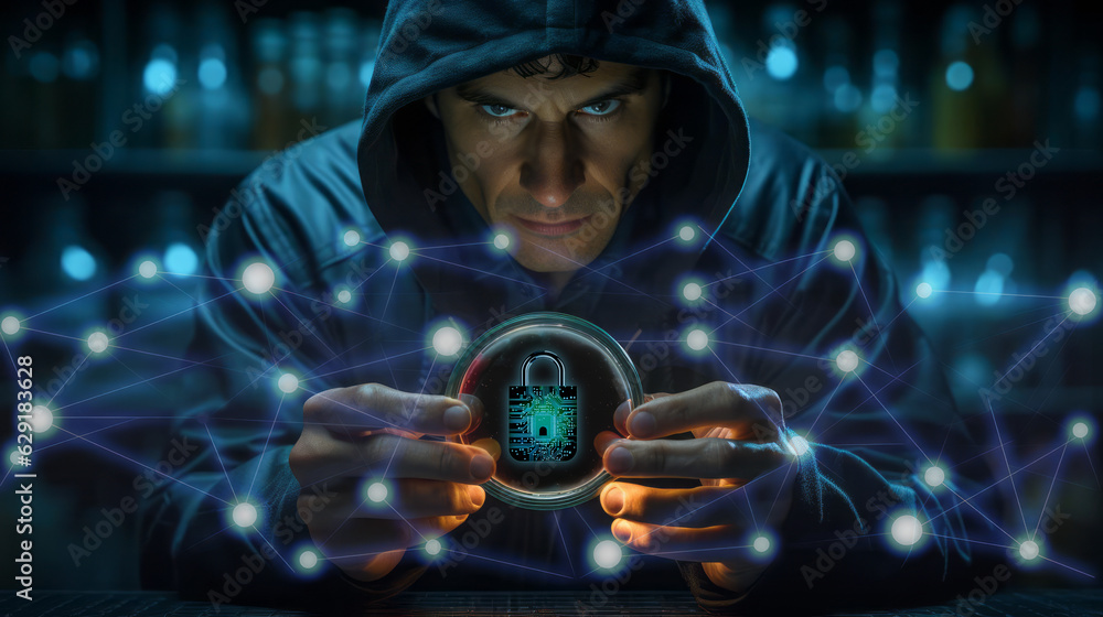 Cybersecurity Concept: Hacker Holding Locked Device, Staring at it ...
