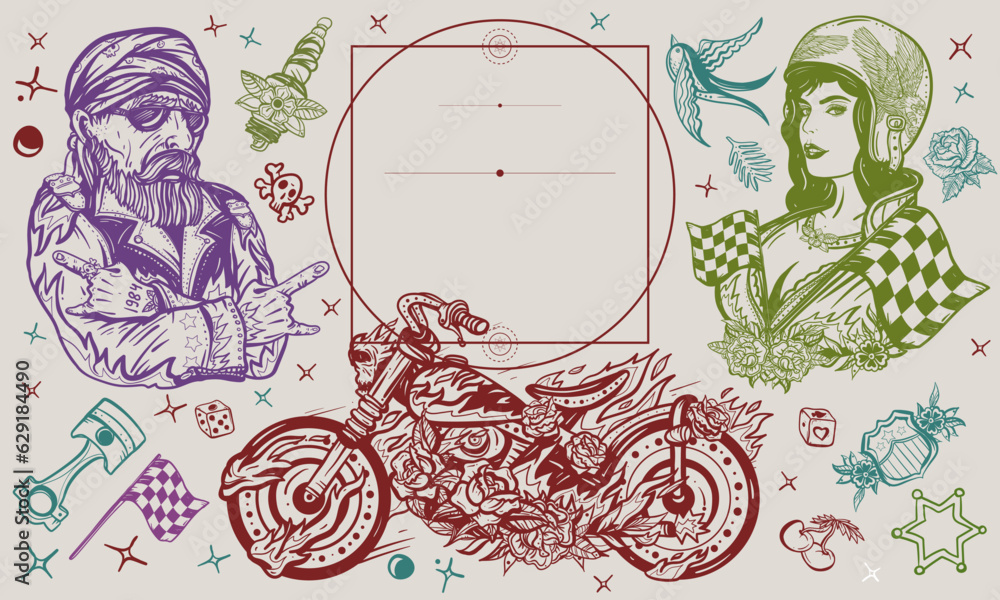 Road racers retro background. Bikers lifestyle frame template. Bearded ...