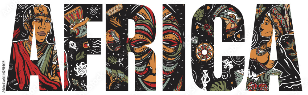 Africa slogan, retro style. Tradition, people and culture. Ethnic afro ...