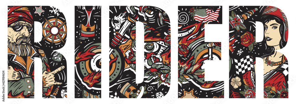 Rider slogan. Bikers lifestyle. Typography art. Vector retro graphics ...