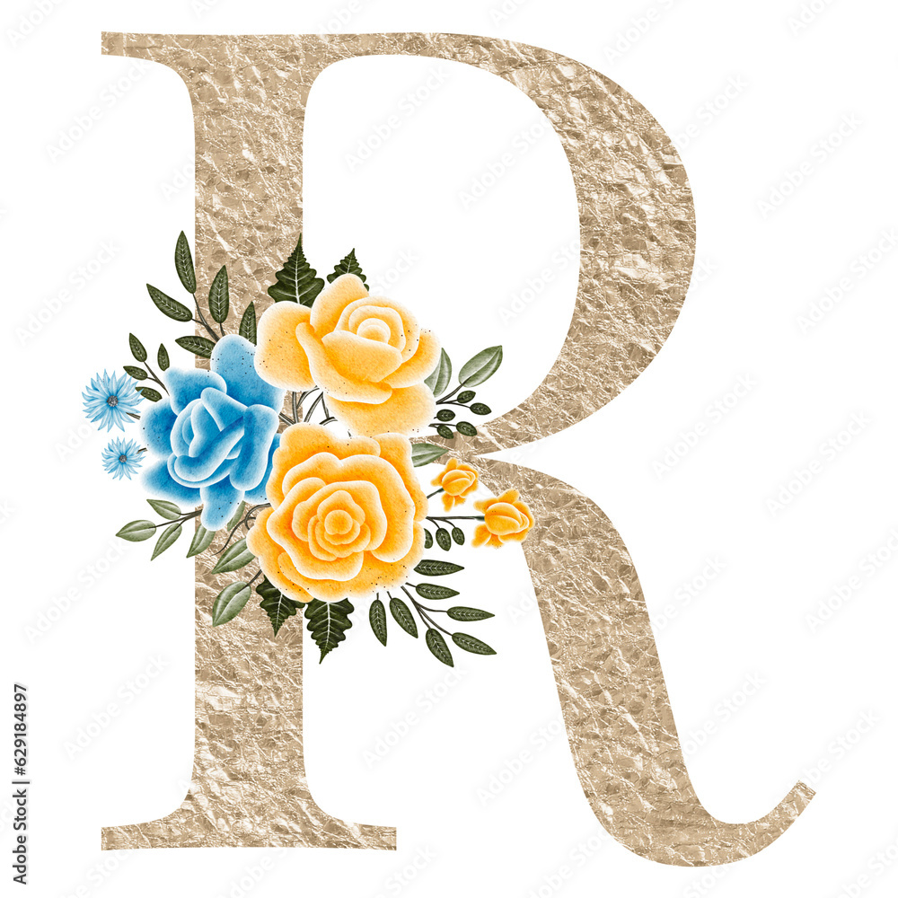 Floral alphabet, gold letter with watercolor flowers and leaf. Hand ...