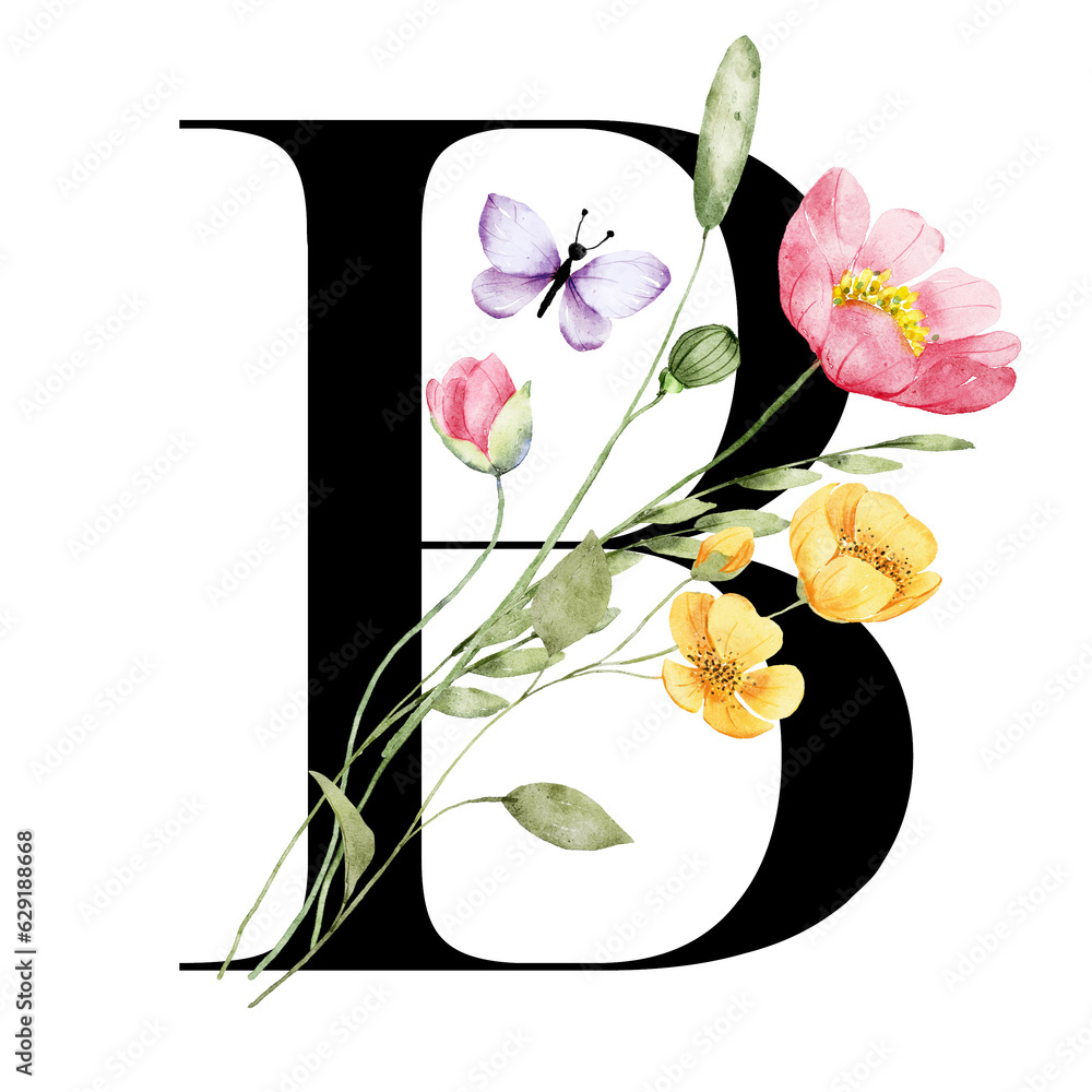 Floral alphabet, letter B with watercolor flowers and leaf. Monogram ...