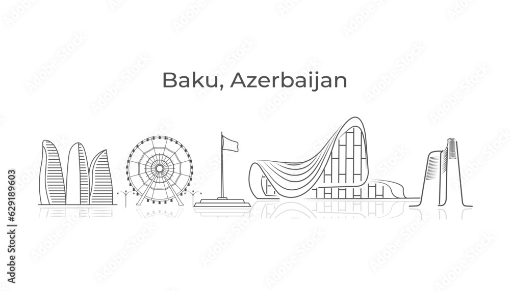 Baku, Azerbaijan line skyline silhouette. Stroke vector illustration ...