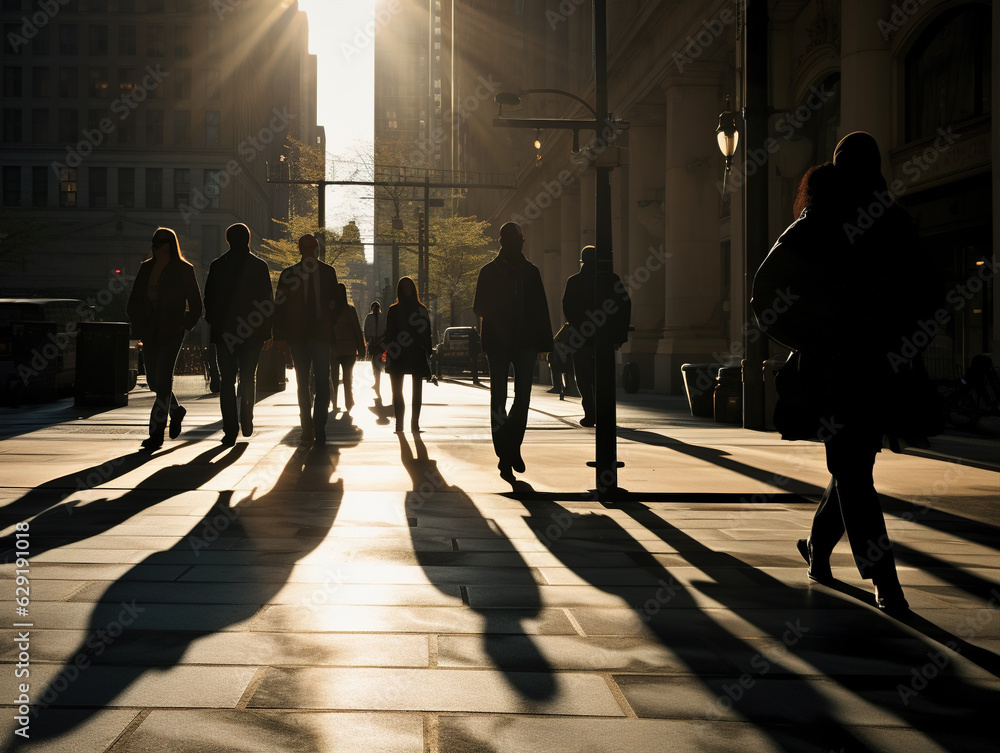 focuses on the shadows cast by city architecture and pedestrians on a ...