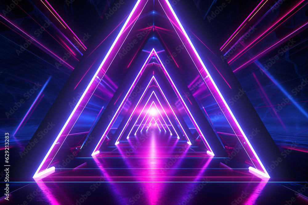Neon light abstract background. Triangle tunnel or corridor violet neon ...