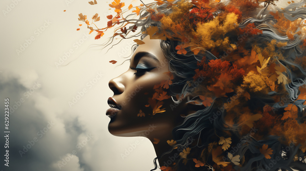 Beautiful woman face covered with Autumn maple laves on hair, ideas for ...