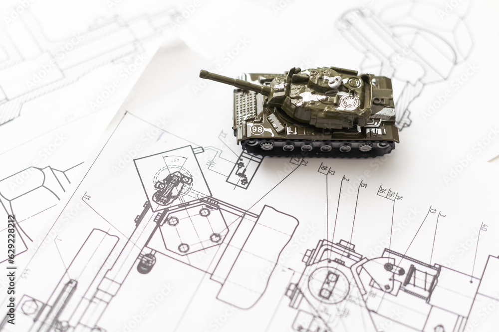 Military machine in the contour lines on graph paper. The contours of ...