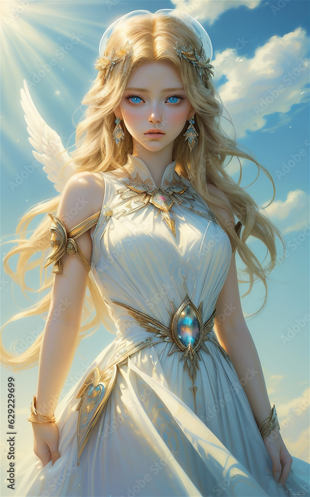 Fantasy female angel with white big wings. Anime angel girl. above the ...