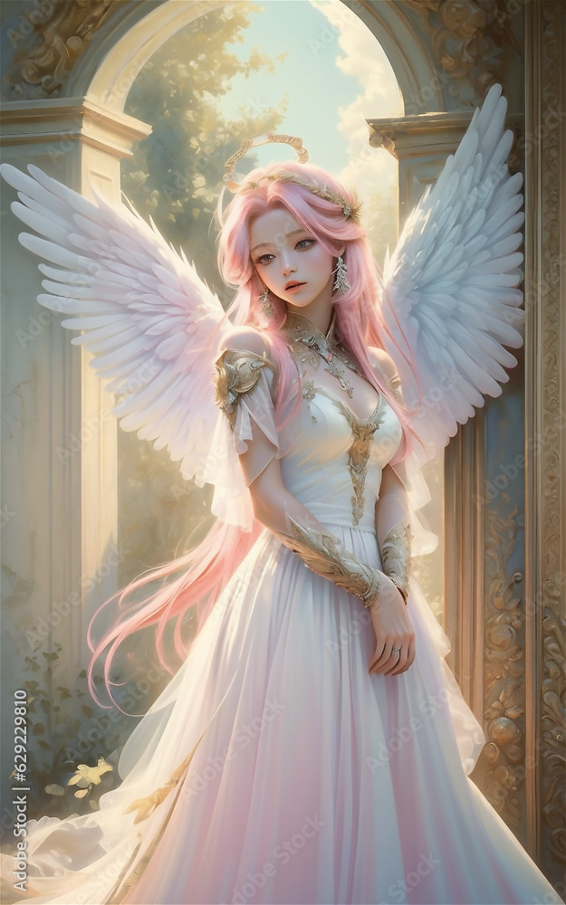Fantasy female angel with white big wings. Anime angel girl. above the ...