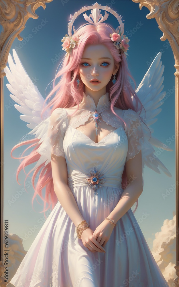 Fantasy female angel with white big wings. Anime angel girl. above the ...