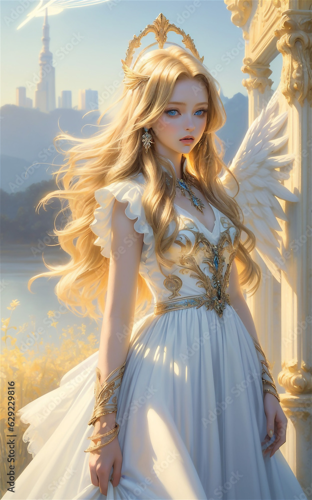 Fantasy female angel with white big wings. Anime angel girl. above the ...