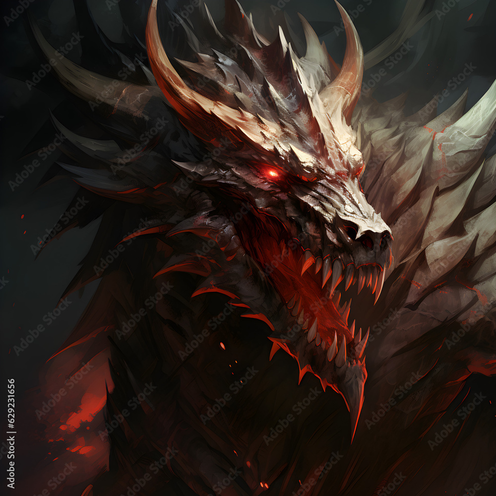 Red dragon dungeon demon evil breathing fire in the night. Dark fantasy ...