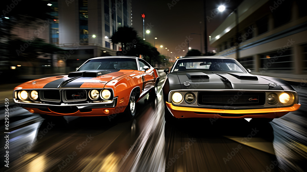 Vintage racing cars on a rainy street at night Stock Photo | Adobe Stock