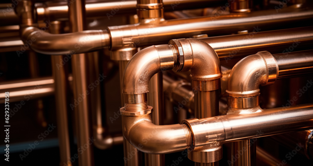 Plumbing service. copper pipeline of a heating system in boiler room ...