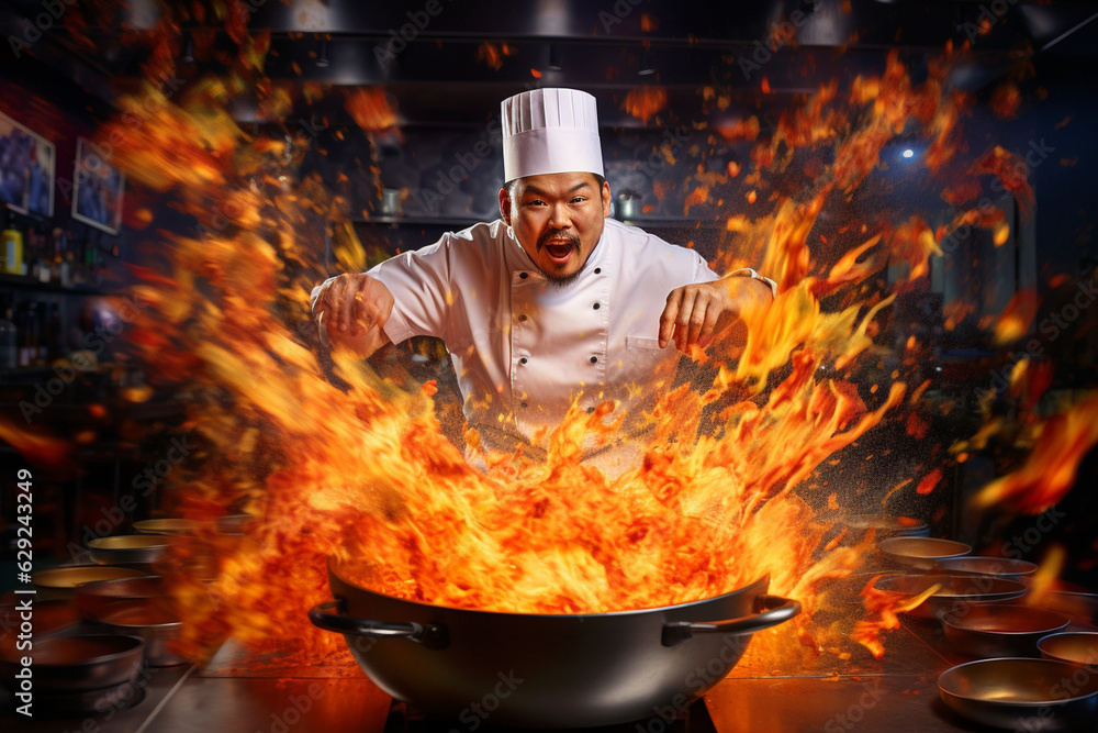 Create a stunning photo of a chef tossing ingredients in a flaming wok ...