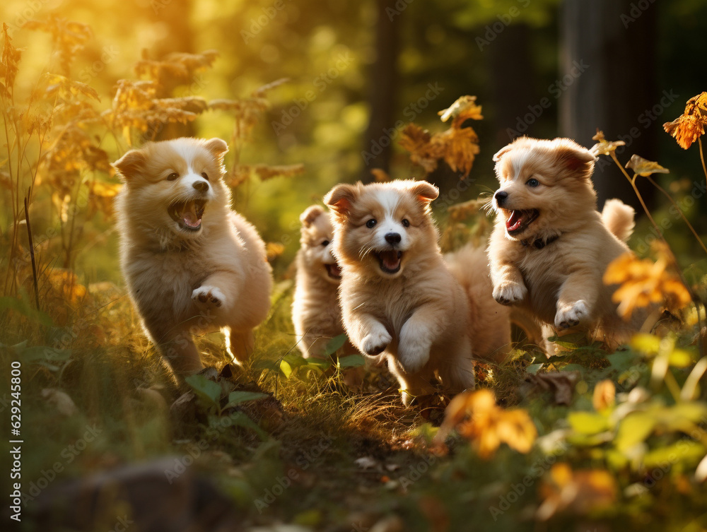 Several Baby Dogs Playing Together in Nature foto de Stock | Adobe Stock