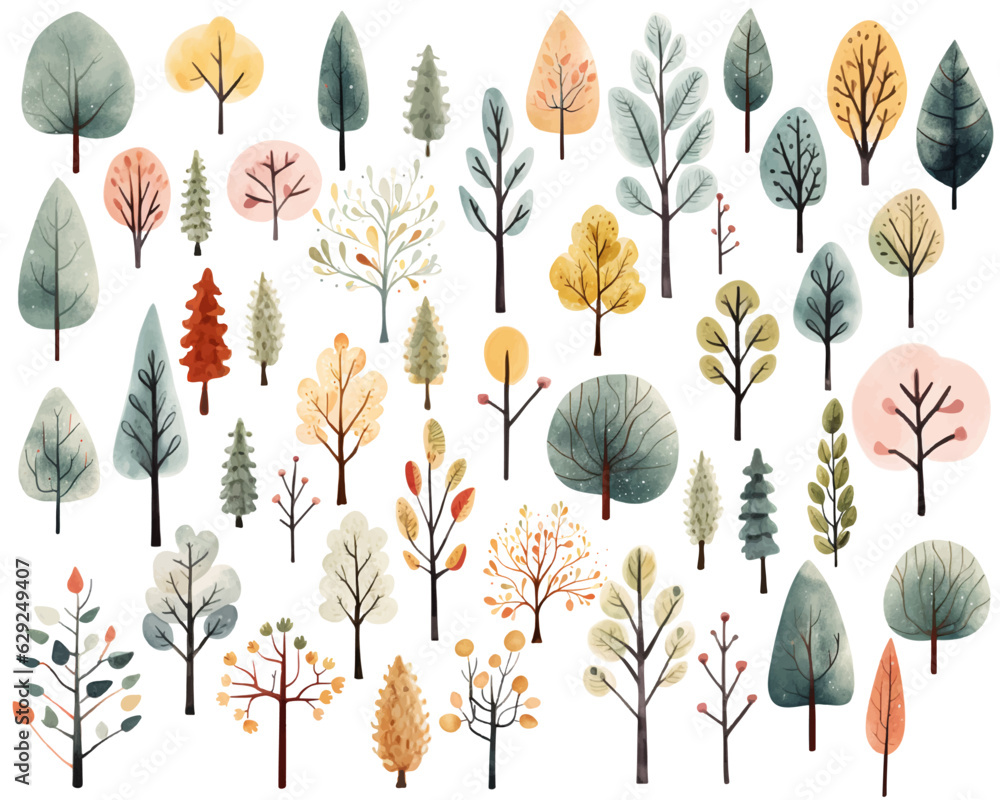 Collection of watercolor scandinavian trees. Cute abstract colored ...