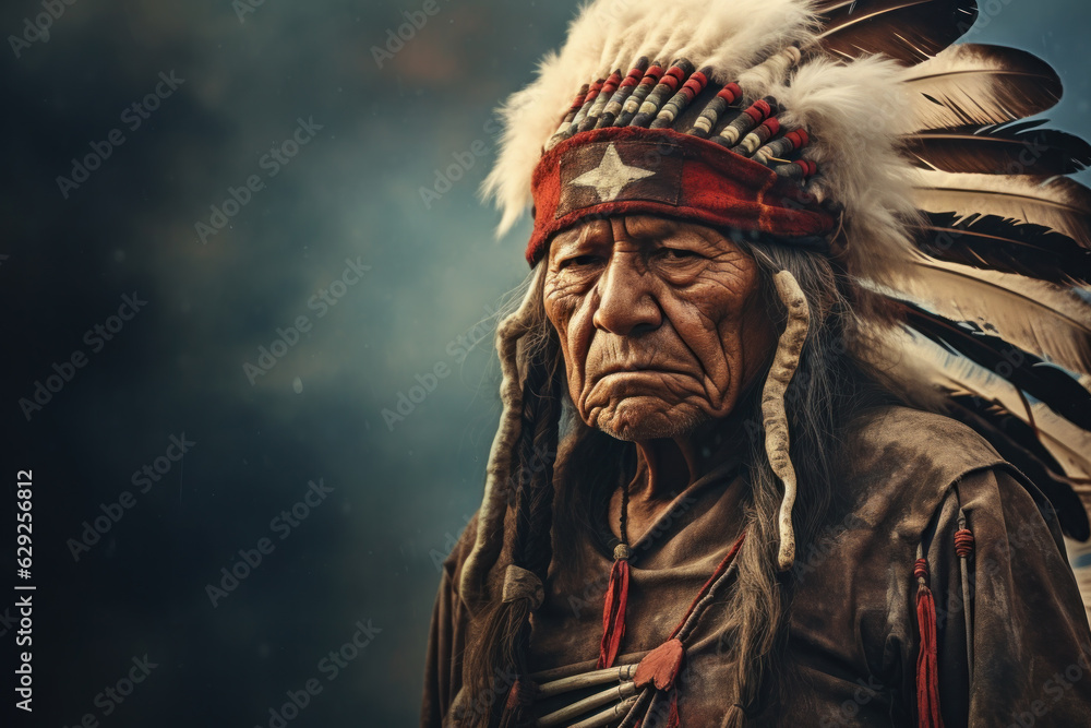 Portrait of elder native American Indian man in Apache-headdress tribal ...