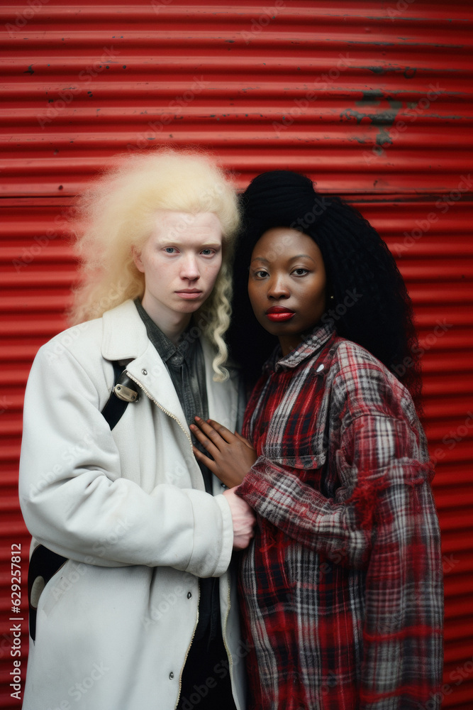 Diverse couple against an urban red shutter or fence. Longhaired Albino ...