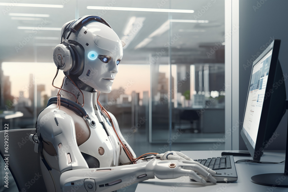 white humanoid robor working at a computer in a corporate office ...