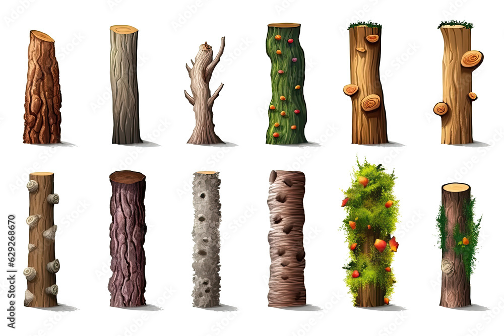 Different types tree trunk collection photorealistic isolated white and ...
