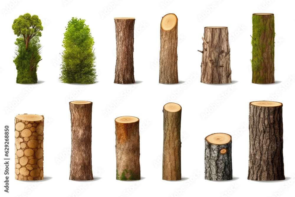 Different types tree trunk collection photorealistic isolated white and ...
