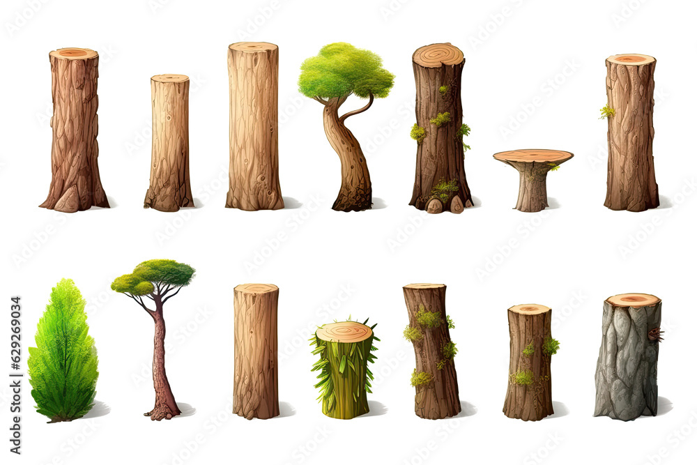 Different types tree trunk collection photorealistic isolated white and ...