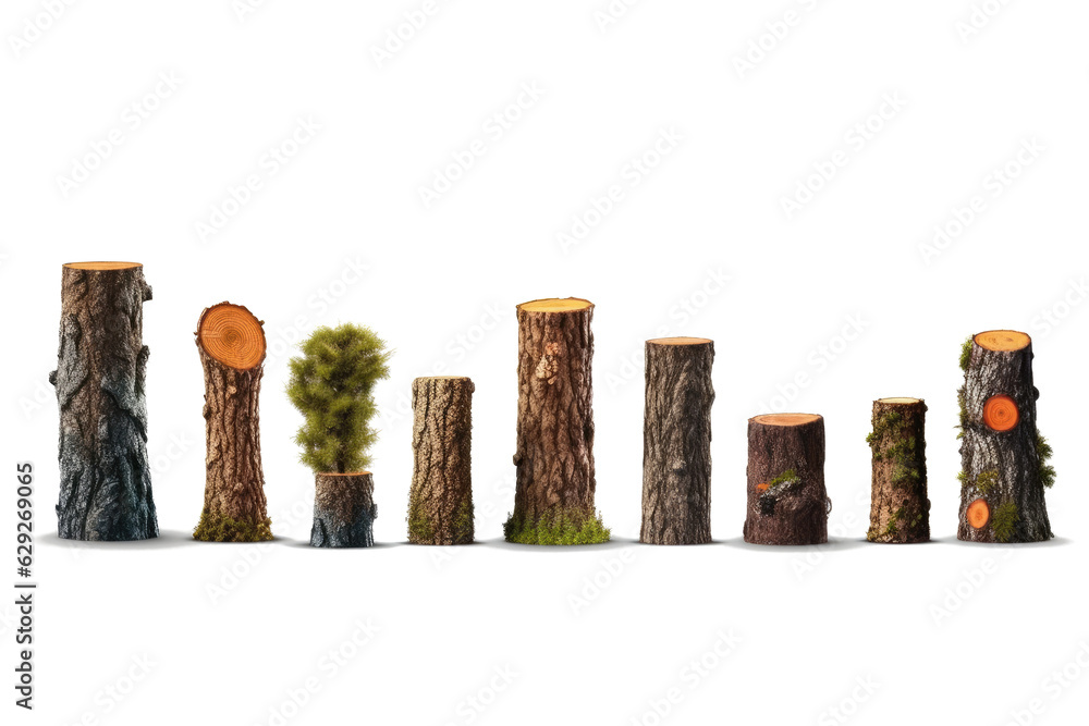 Different types tree trunk collection photorealistic isolated white and ...