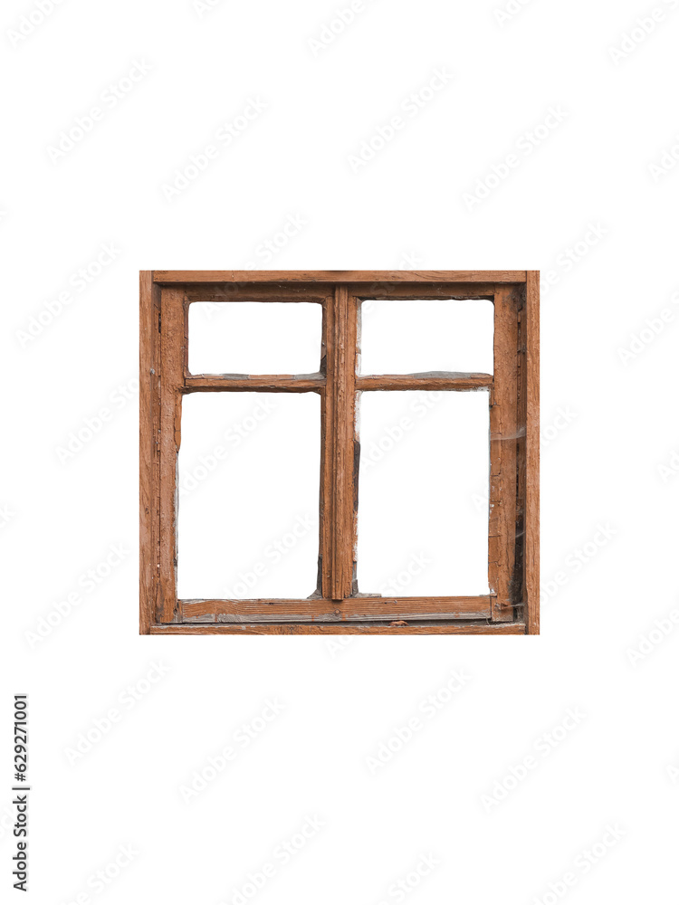 Old brown wooden window frame with two sashes isolated on transparent ...
