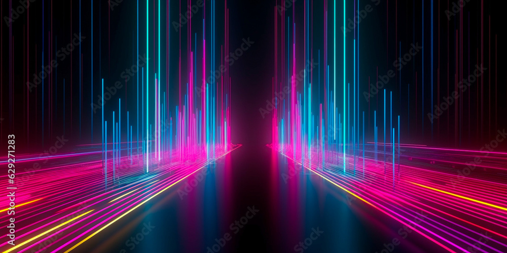 Neon dark stage shows empty room: neon light, spotlights, dark blue ...