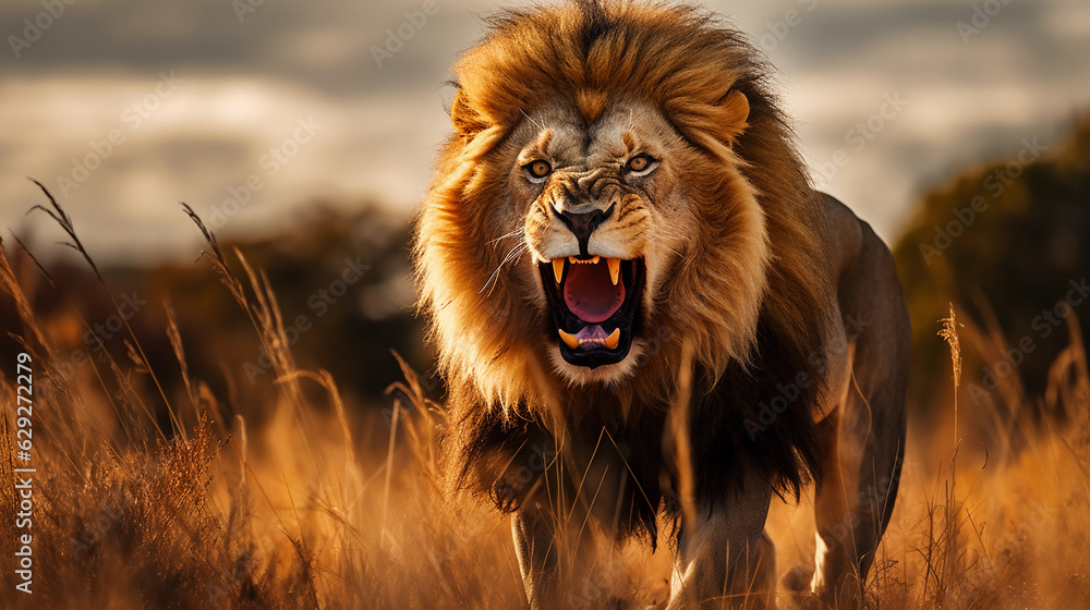 Alpha male lion roaring in the African plains, surrounded by pride ...