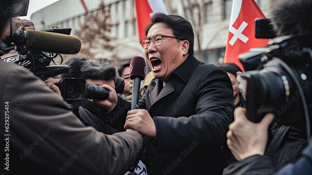 North Korean leader with energetic gestures making a communist ...