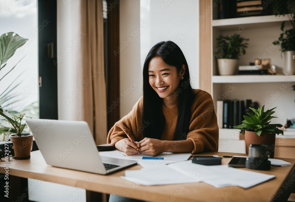 GenZ Asia people smiling in cozy home office, work from home wfh ...