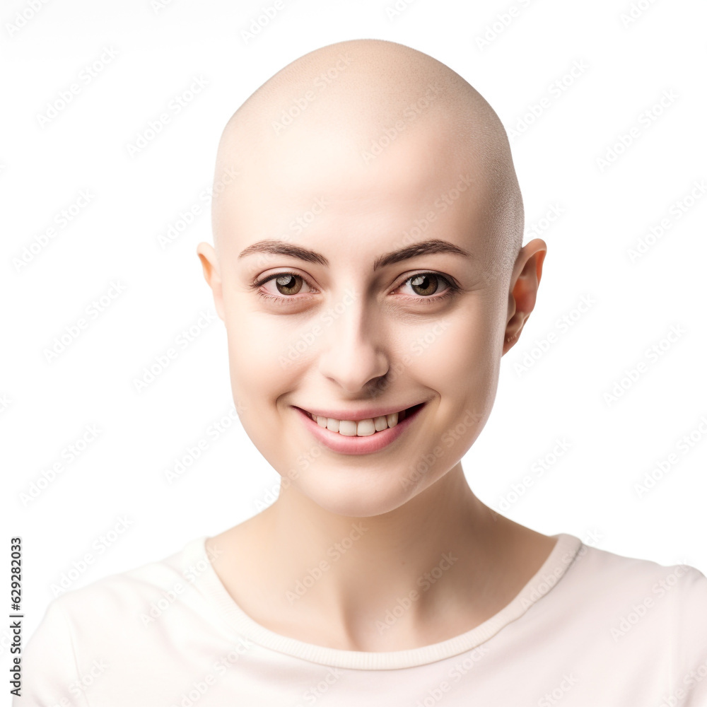 Image of a beautiful happy bald woman posing isolated over white wall ...